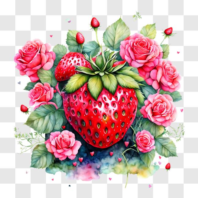 Download Strawberry with Pink Roses Painting PNGs Online - Creative Fabrica