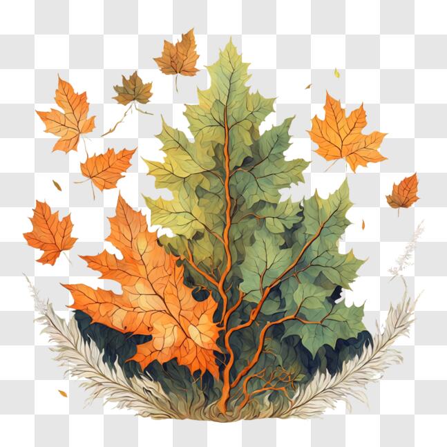Download Autumn Tree Drawing with Colorful Leaves and Feathers PNGs ...