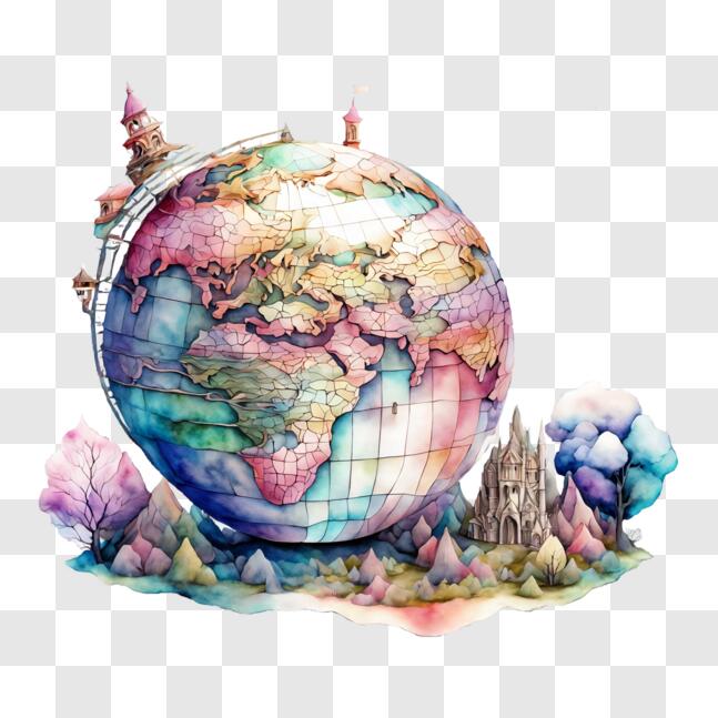 Download Watercolor painting of the Earth with colorful buildings and ...