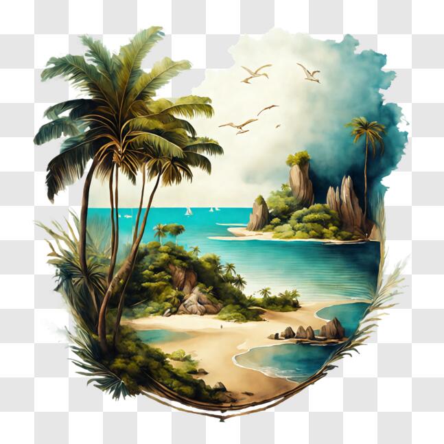 Download Idyllic Tropical Island Painting with Palm Trees and Seagulls ...