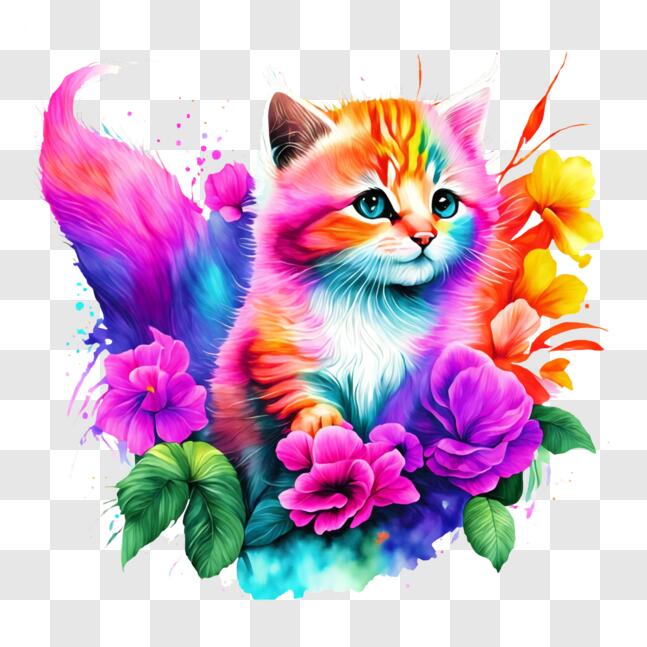 Download Colorful Cat Sitting in Flowers PNGs Online - Creative Fabrica
