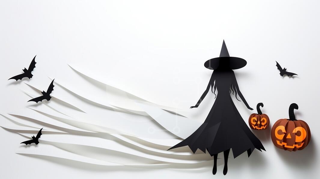 Elegant Halloween Witch Silhouette with Pumpkins and Bats stock photo ...