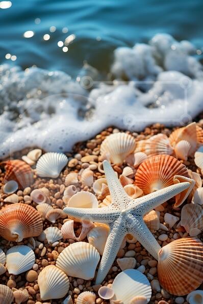 Beautiful Beachscape with Shells, Starfish, and Waves stock photo ...
