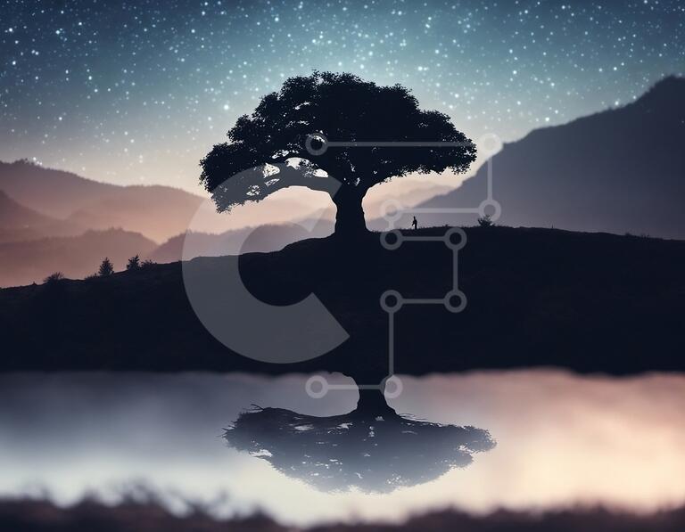 Tree and Night Sky Reflection stock photo | Creative Fabrica