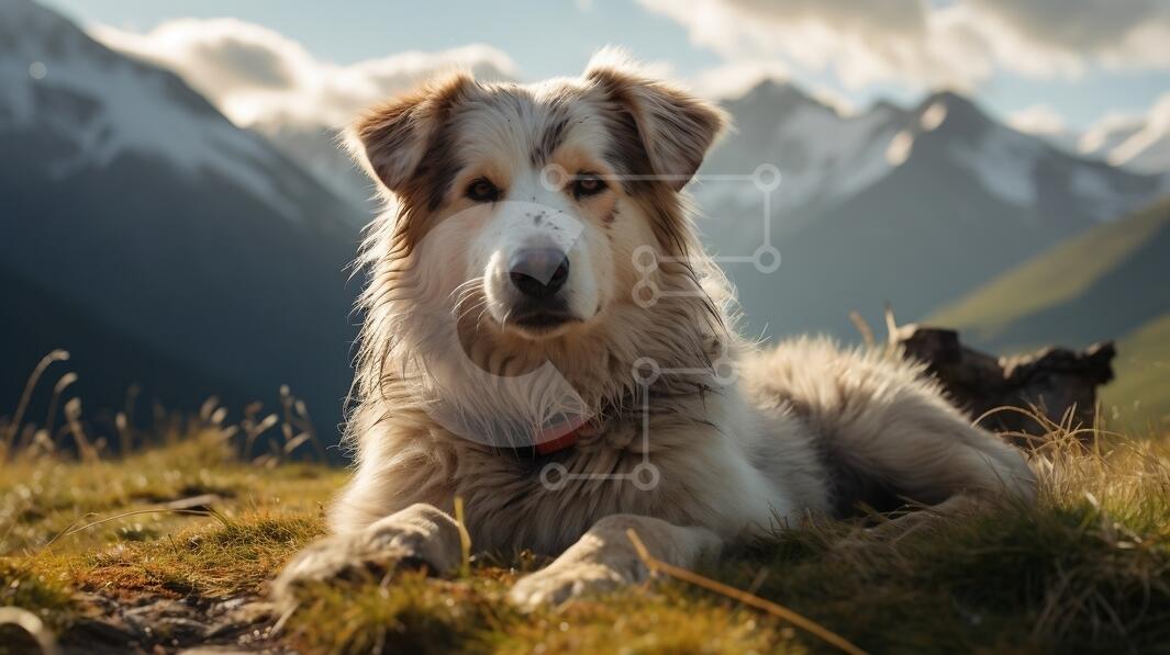 Sad Dog on a Grassy Hill with Snowy Mountains stock photo | Creative ...
