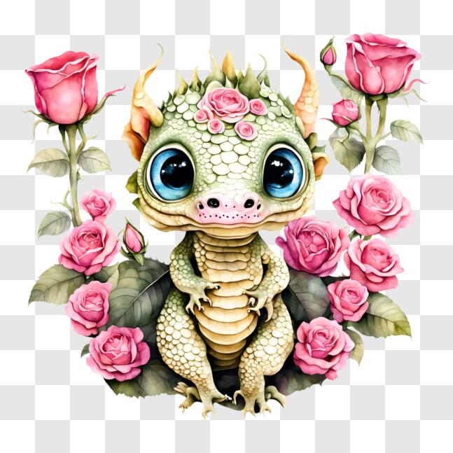 Download Cute Dragon Sitting Among Pink Roses PNGs Online - Creative ...