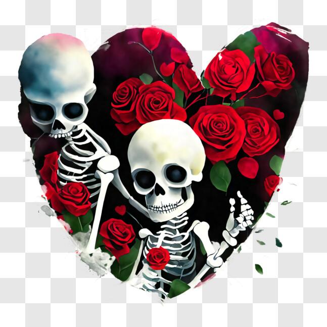 Download Skeletons Hugging in Heart Shape with Red Roses - Happy ...
