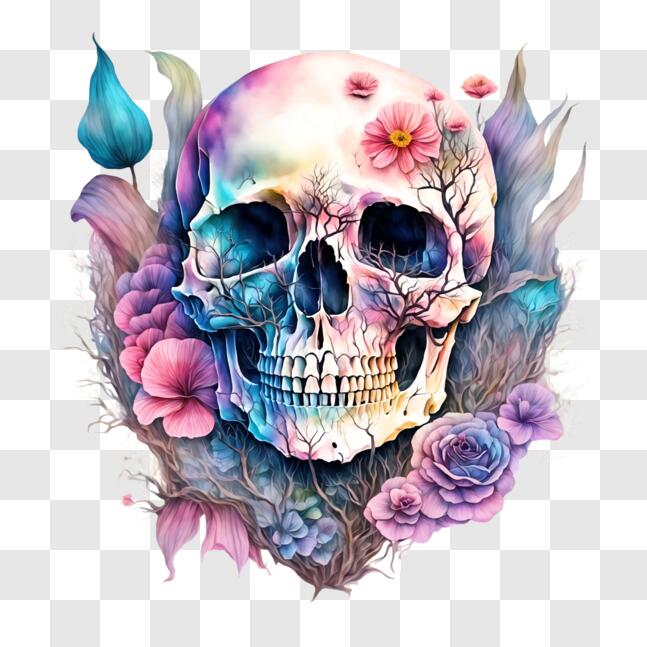 Download Colorful Skull with Flowers on Black Background PNGs Online ...