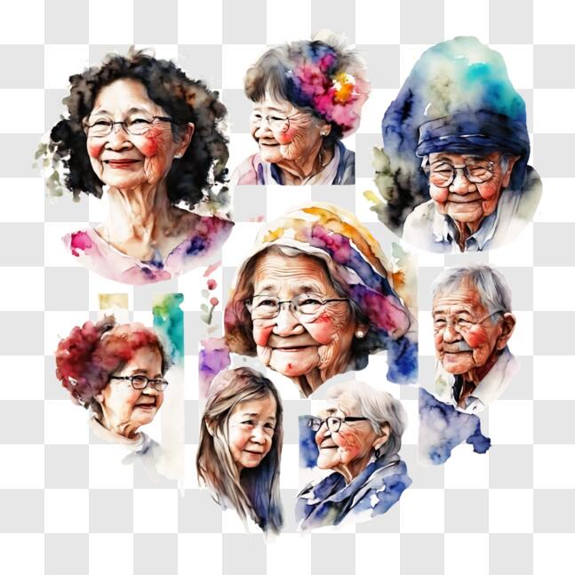 Download Watercolor Collage of Elderly Women Portraits PNGs Online ...