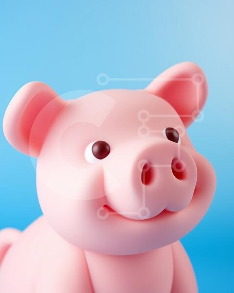 Smiling Pink Pig Toy on Blue Background stock photo | Creative Fabrica
