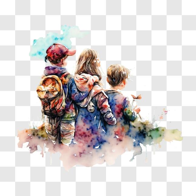 Download Watercolor Painting of Children with Backpacks and Flowers ...