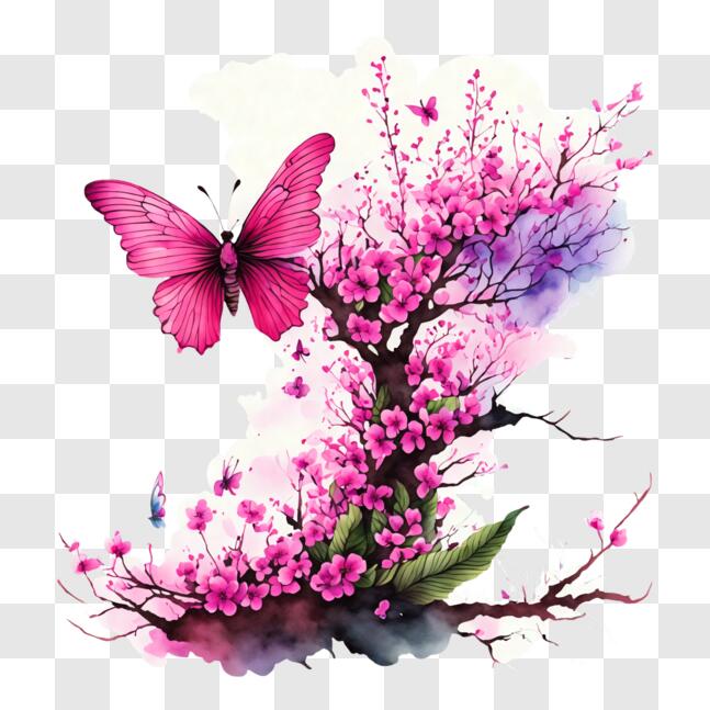 Download Pink Butterfly on Ornamental Cherry Tree Branch PNGs Online ...