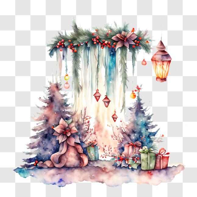 Download Winter Watercolor Painting with Trees and Presents PNGs Online ...