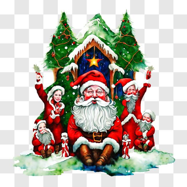 Download Santa Claus and Family Celebrating Christmas with Snowy Trees ...