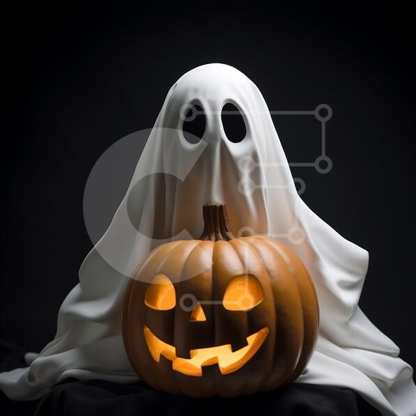 Spooky Halloween Ghost and Pumpkin stock photo | Creative Fabrica