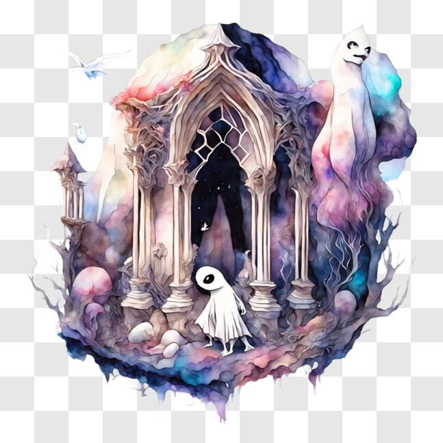 Descarga Ilustración de castillo de fantasía con fantasmas y pájaros ...