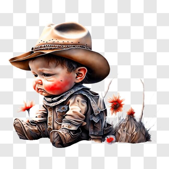 Download Crying child with flowers in hands PNGs Online - Creative Fabrica