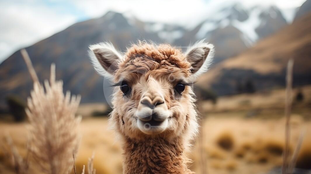 Close-up of a Llama's Face in a Field with Mountains in the Background ...
