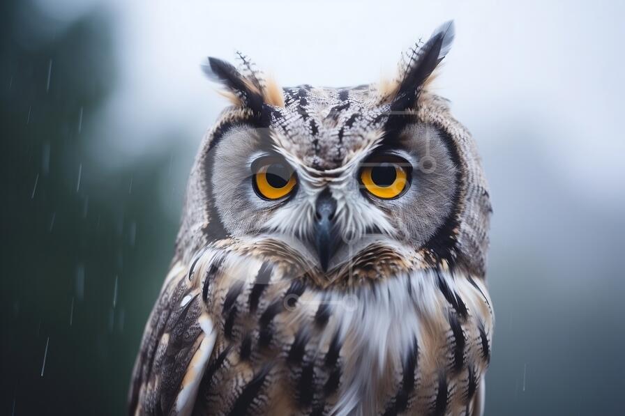 Intense Owl Gaze in the Rain stock photo | Creative Fabrica