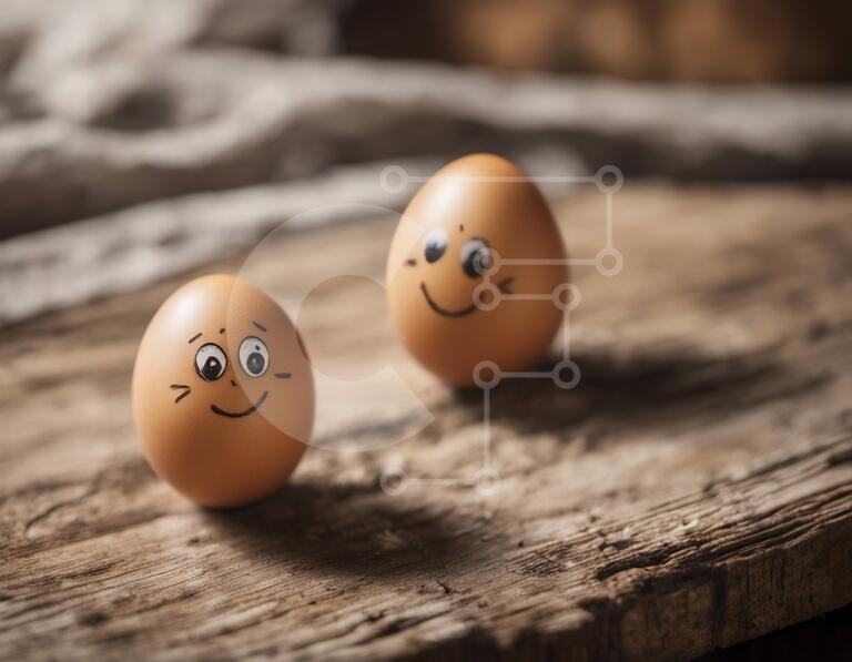 Happy Smiley Faced Eggs on Wooden Surface stock photo | Creative Fabrica