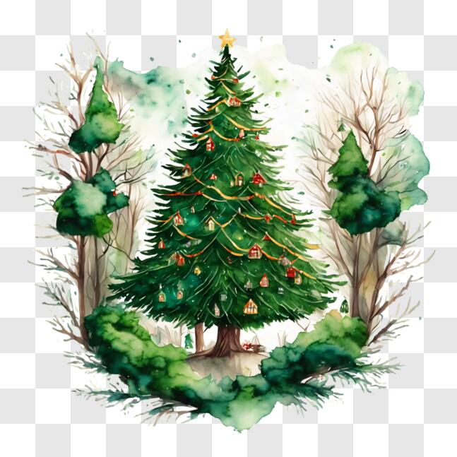 Download Watercolor Christmas Tree in the Woods with Ornaments PNGs ...