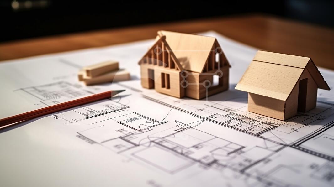 Wooden Block House on Blueprint with Pencil stock photo | Creative Fabrica