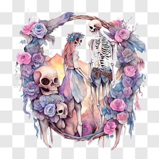 Download Romantic Skeleton Couple Holding Hands with Roses and Flowers ...