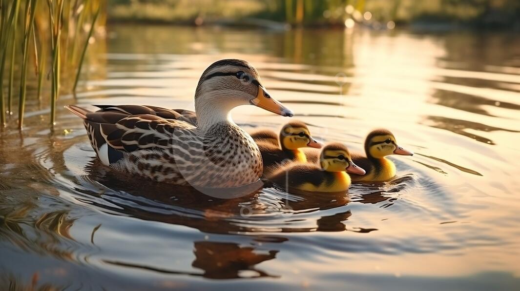 Madre Pato y Patitos en un Entorno Sereno fotos de archivo | Creative Fabrica