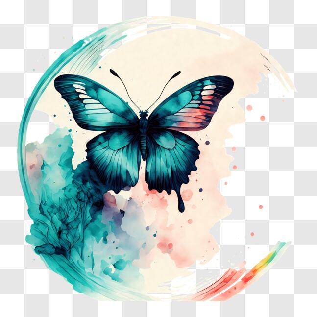 Download Blue Butterfly on Abstract Moon Watercolor Painting PNGs ...