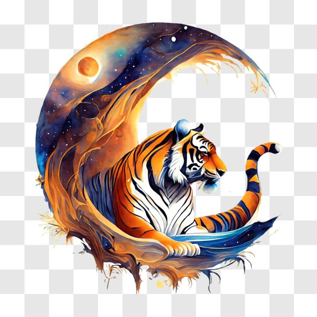 Download Tiger sitting on the moon with starry sky PNGs Online ...