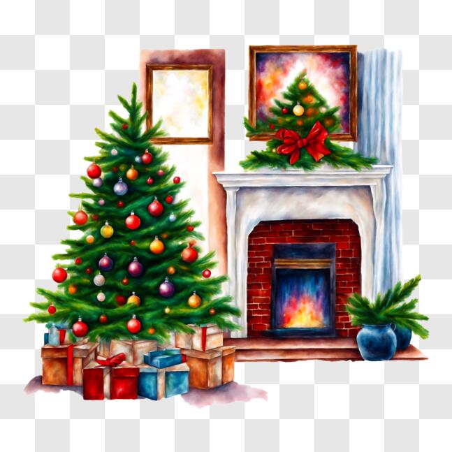 Download Cozy Christmas Scene with Tree, Fireplace, and Gifts PNGs ...
