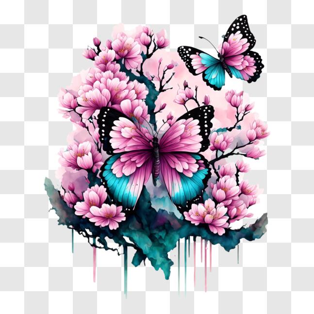 Download Pink Tree with Blue Butterflies in a Peaceful Setting PNGs ...