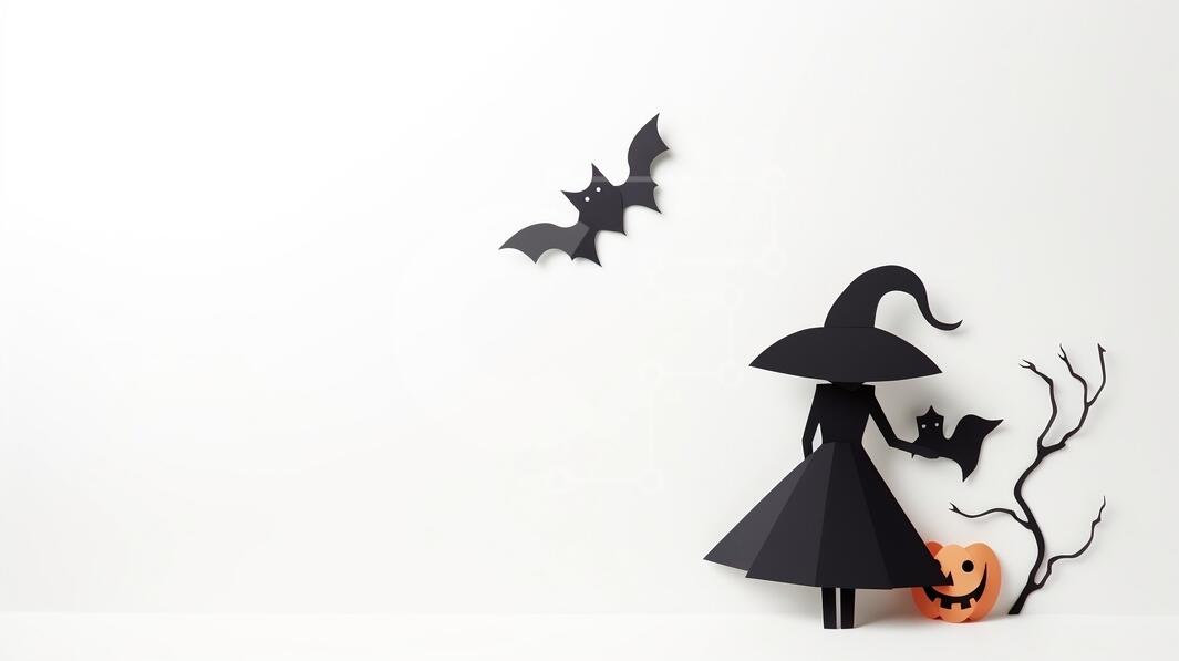 Halloween Paper Cut-Out Witch with Bats and Pumpkins stock photo ...