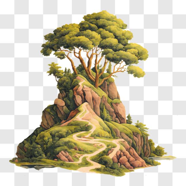 Download Tree on Island Surrounded by Grassy Hills and Trees PNGs ...