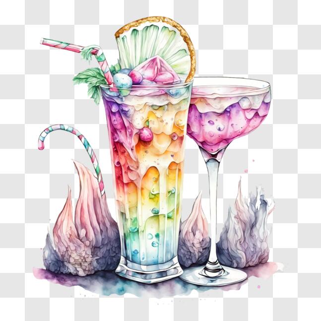 Download Watercolor Painting of Cocktail Glasses with Colorful Drinks ...