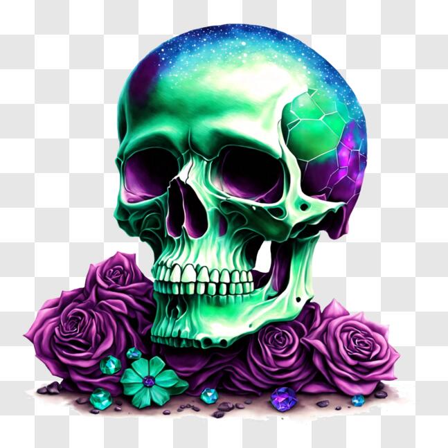 Download Abstract Green Skull with Purple Roses and Gemstones PNGs ...