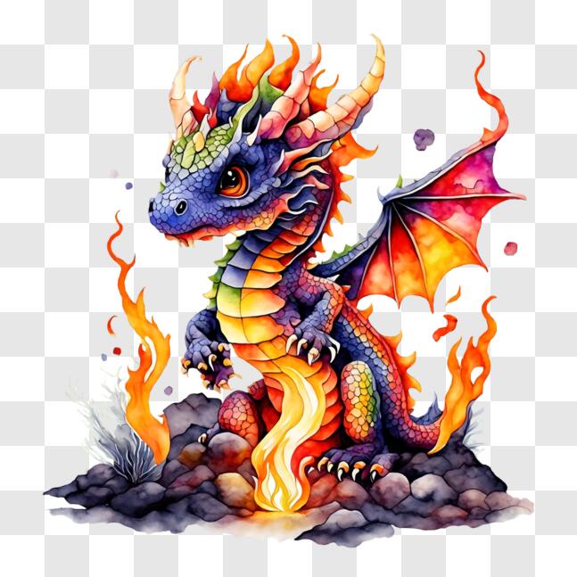 Download Colorful Dragon Illustration on Rocks with Fire PNGs Online ...