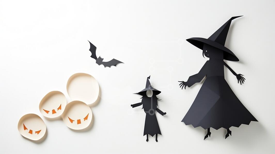 Halloween Paper Cutouts with Witch, Children, and Bats stock photo ...
