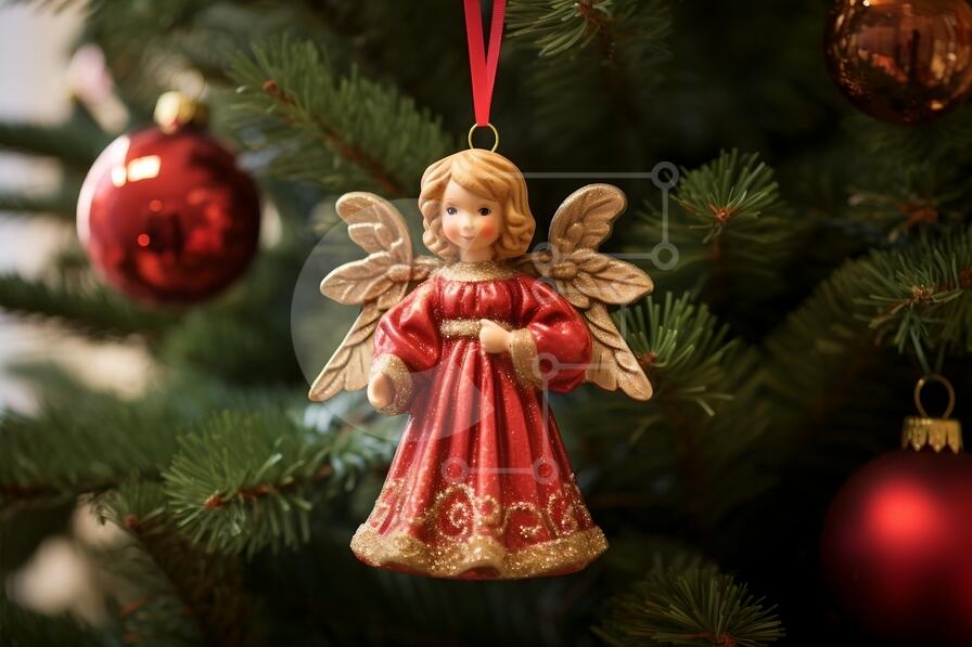 Red Angel Ornament on Decorated Christmas Tree stock photo | Creative ...