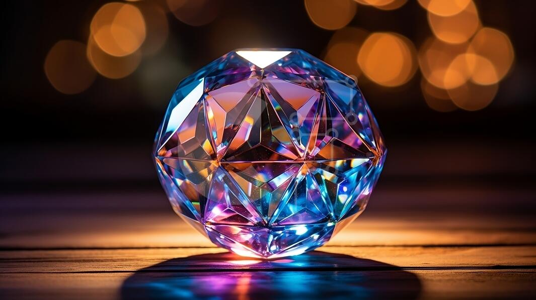 Colorful Crystal Ball on Wooden Surface stock photo | Creative Fabrica