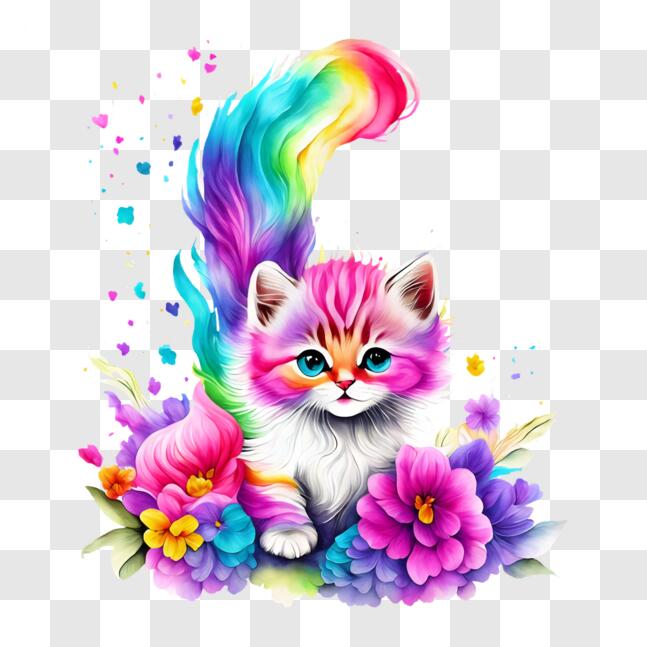 Télécharger Chat multicolore entouré de fleurs colorées PNGs En Ligne ...