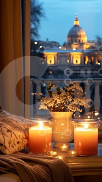Cozy Interior with Candlelit Window Sill stock photo | Creative Fabrica