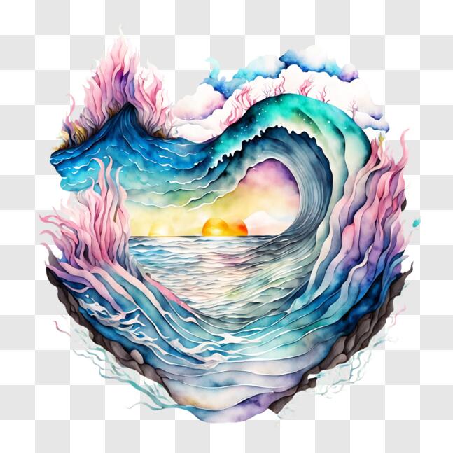 Download Colorful Watercolor Painting of Heart-shaped Ocean Wave PNGs ...