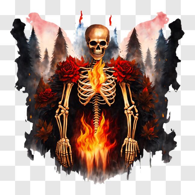 Download Artwork of a Skeleton surrounded by Roses and Fire PNGs Online ...