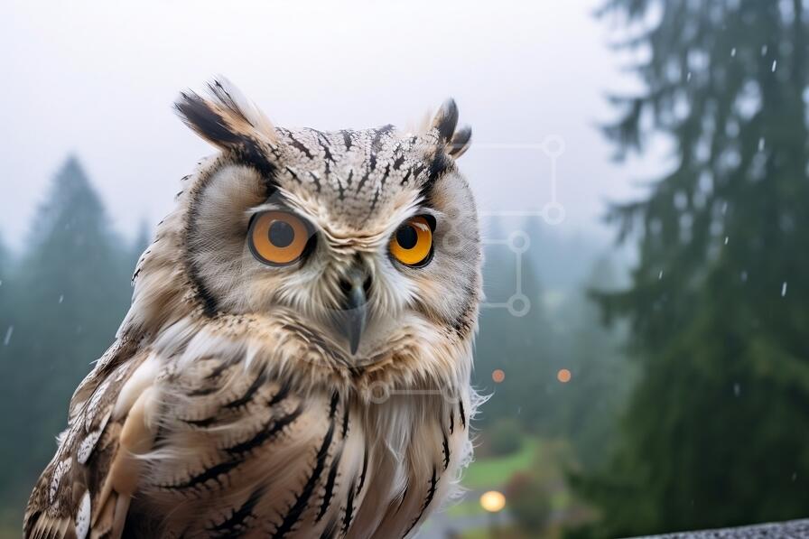 Owl Perched on a Railing in the Rain stock photo | Creative Fabrica