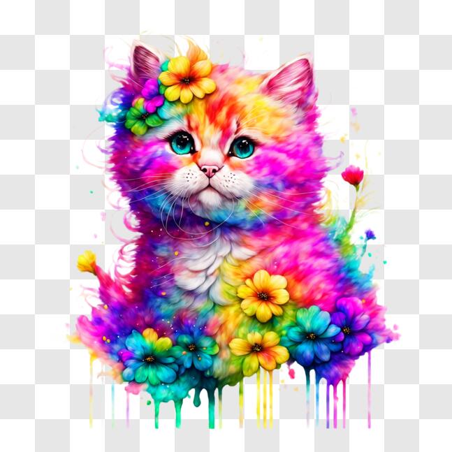 Download Colorful Cat with Flowers on Head PNGs Online - Creative Fabrica