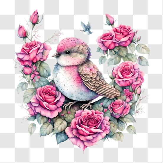 Download Pink Bird on Floral Wreath Painting PNGs Online - Creative Fabrica