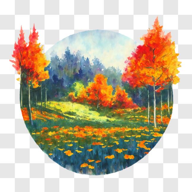 Download Circular Autumnal Landscape Painting on Canvas PNGs Online ...