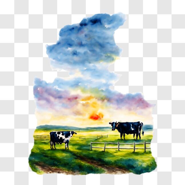 Download Watercolor painting of cows in a grassy field at sunset PNGs ...