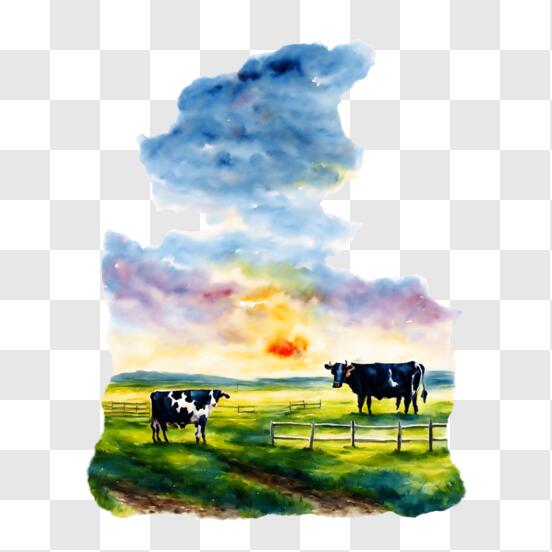 Download Colorful Watercolor Painting of Cows in a Serene Field PNGs ...